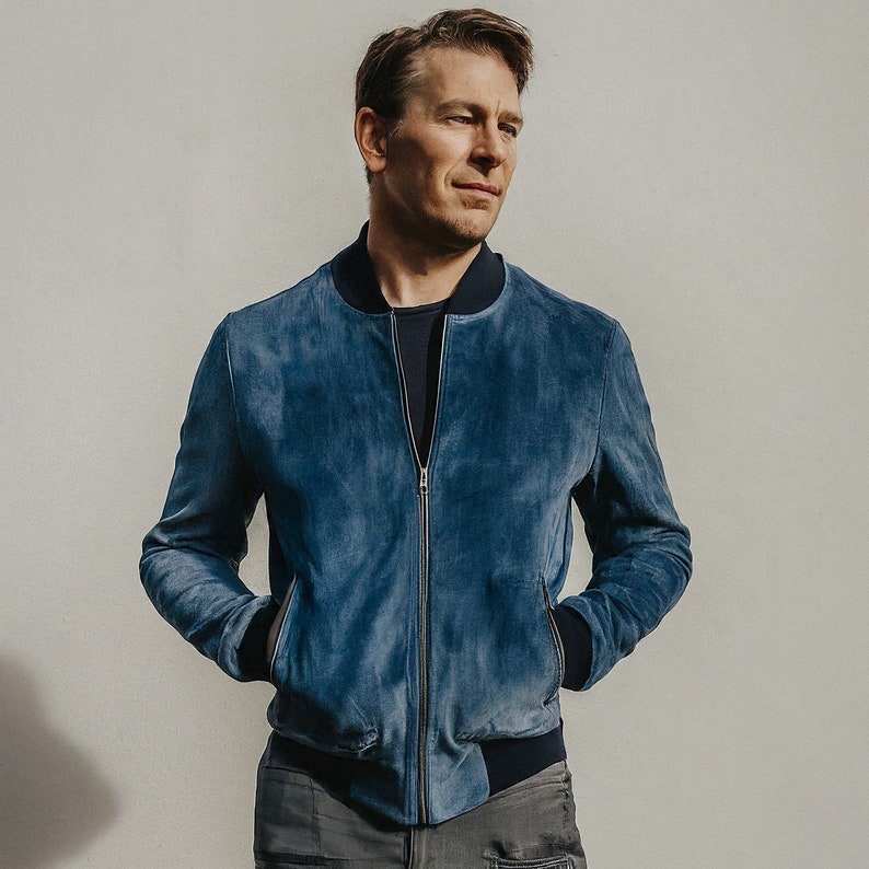 Classic Cool: Men's Night Blue Suede Leather Jacket - Elegant & Refined ...