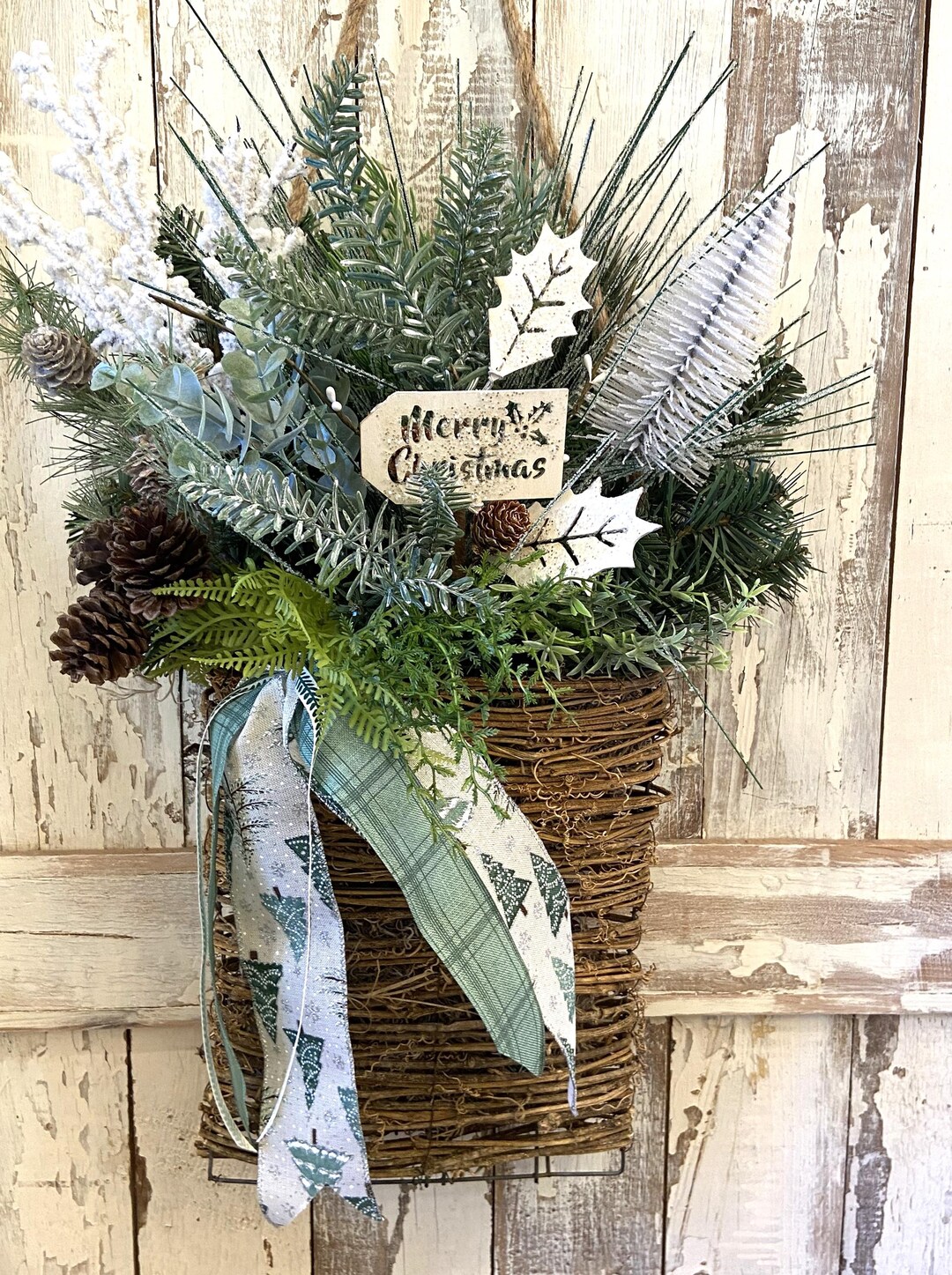 Merry Christmas Door Basket: Winter Foliage Holiday Wall Decor - Etsy