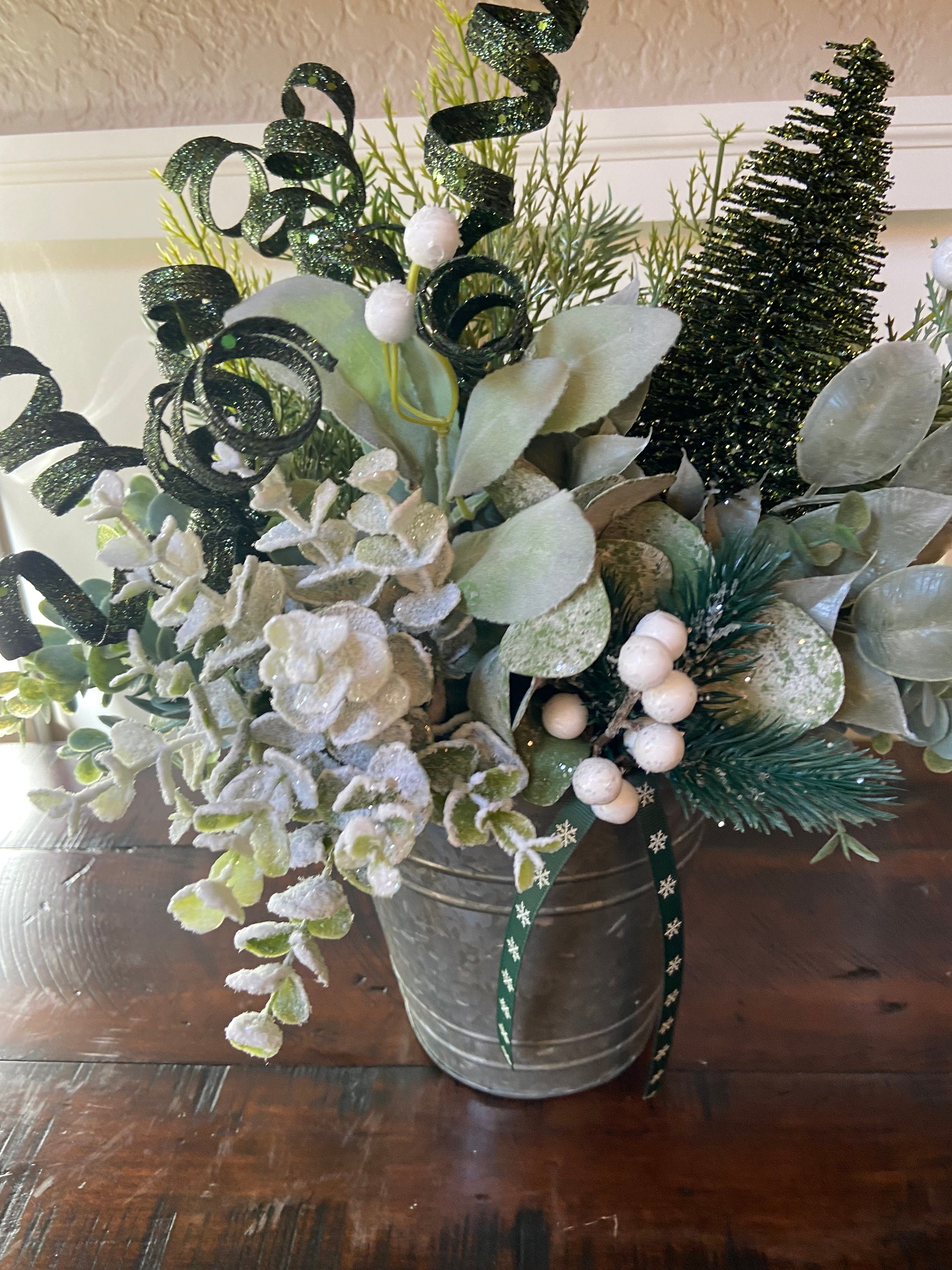 White Flocked and Dark Green Basket, Winter Basket, Holiday Door Basket ...