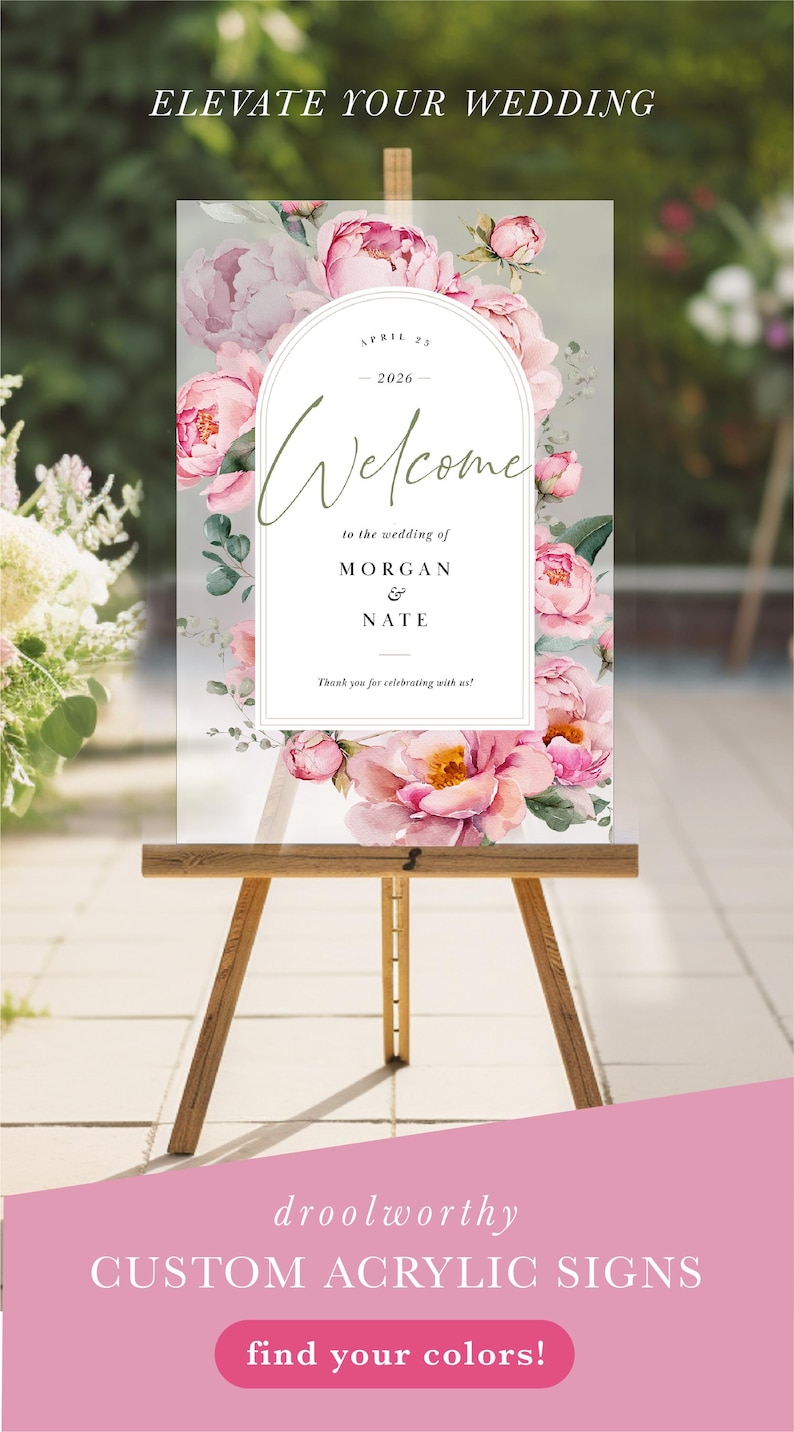Pink Welcome Sign Wedding Entrance Display Board Customizable Floral ...