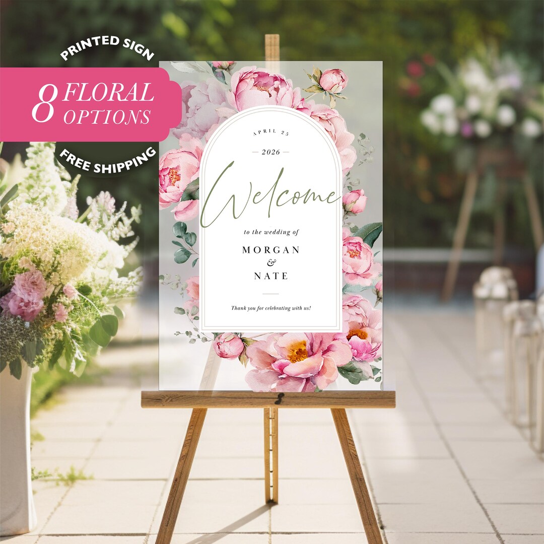 Pink Welcome Sign Wedding Entrance Display Board Customizable Floral ...