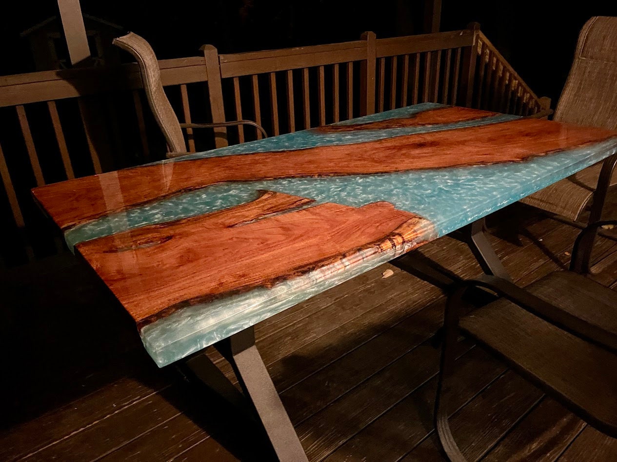 Epoxy Table Custom, Custom Epoxy Table, Mesquit Wood, With Blue Epoxy ...