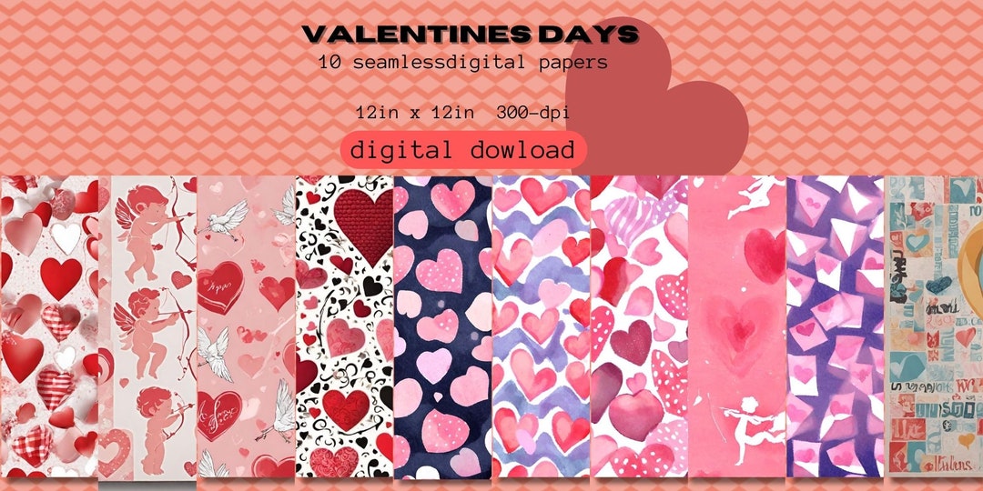 Valentine Theme Digital Paper Pack, 10 Printable Pattern Papers ...