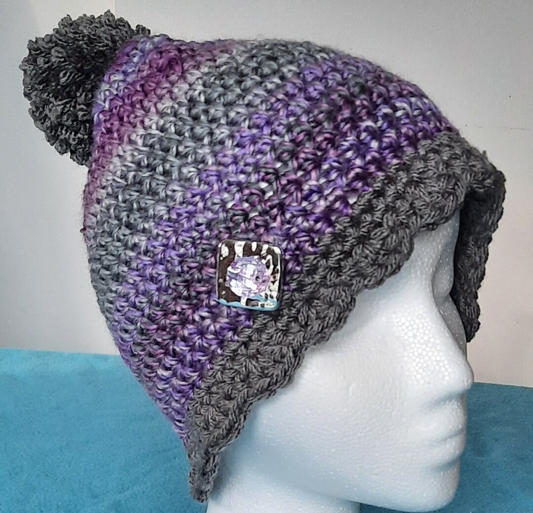 Adult Crocheted Watch Cap in Lavender and Gray With Embellishment and ...