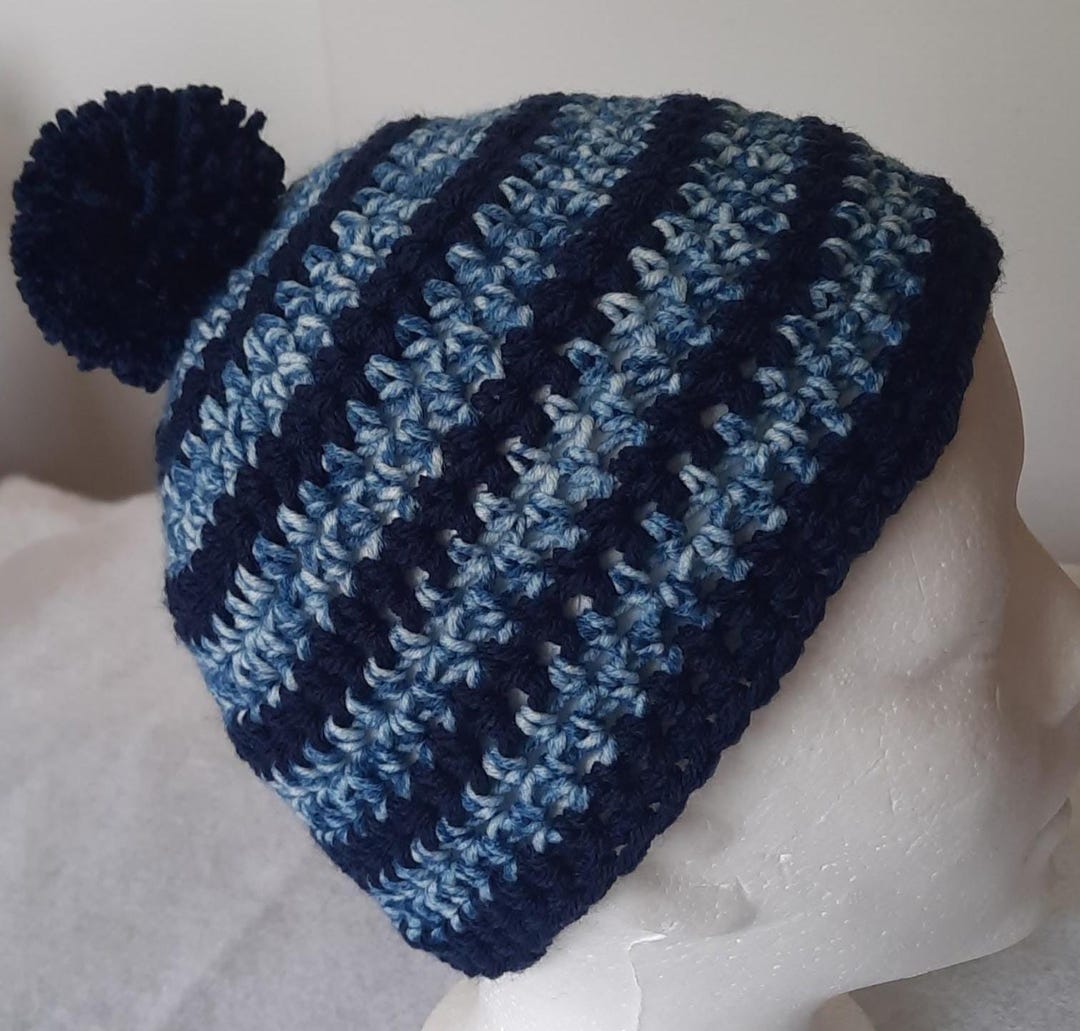 Children's Crocheted Navy Striped Hat in Navy and Light Blue With Pom ...