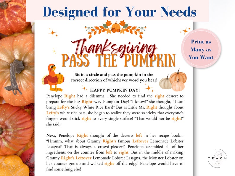 Left Right Game Thanksgiving Activity Pass the Pumpkin Game Printable ...