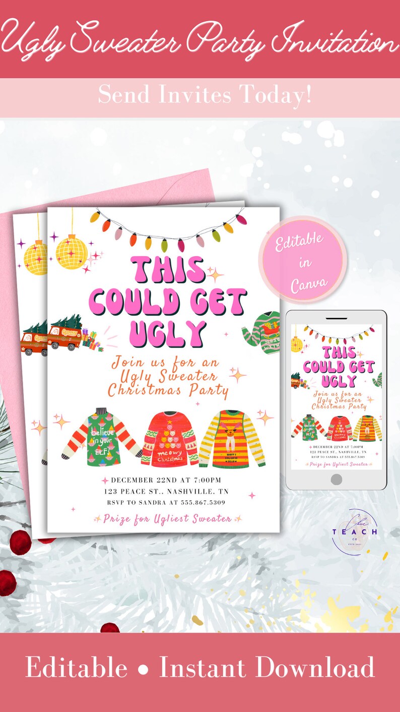 Ugly Sweater Christmas Party Invitation Editable Ugly Sweater Xmas ...
