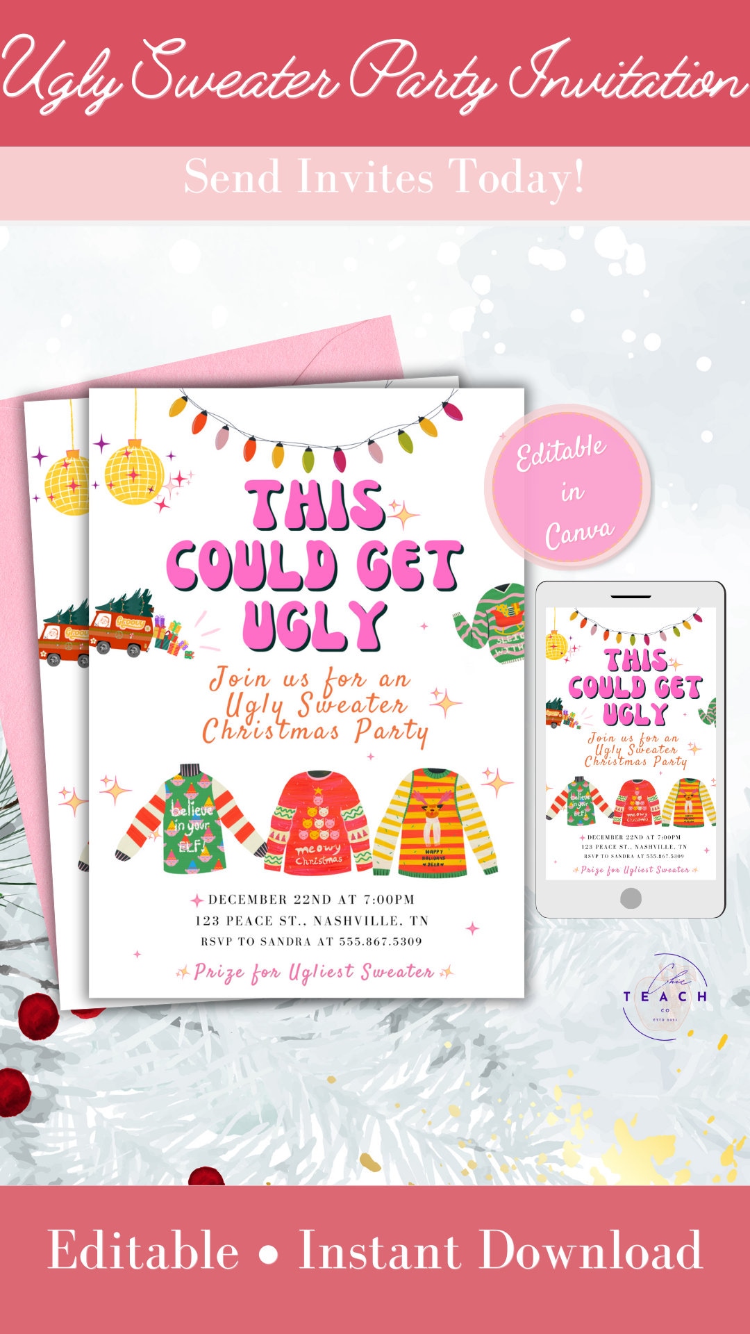 Ugly Sweater Christmas Party Invitation Editable Ugly Sweater Xmas ...