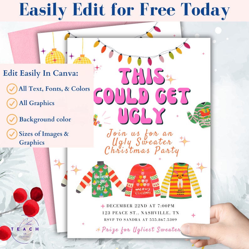 Ugly Sweater Christmas Party Invitation Editable Ugly Sweater Xmas ...