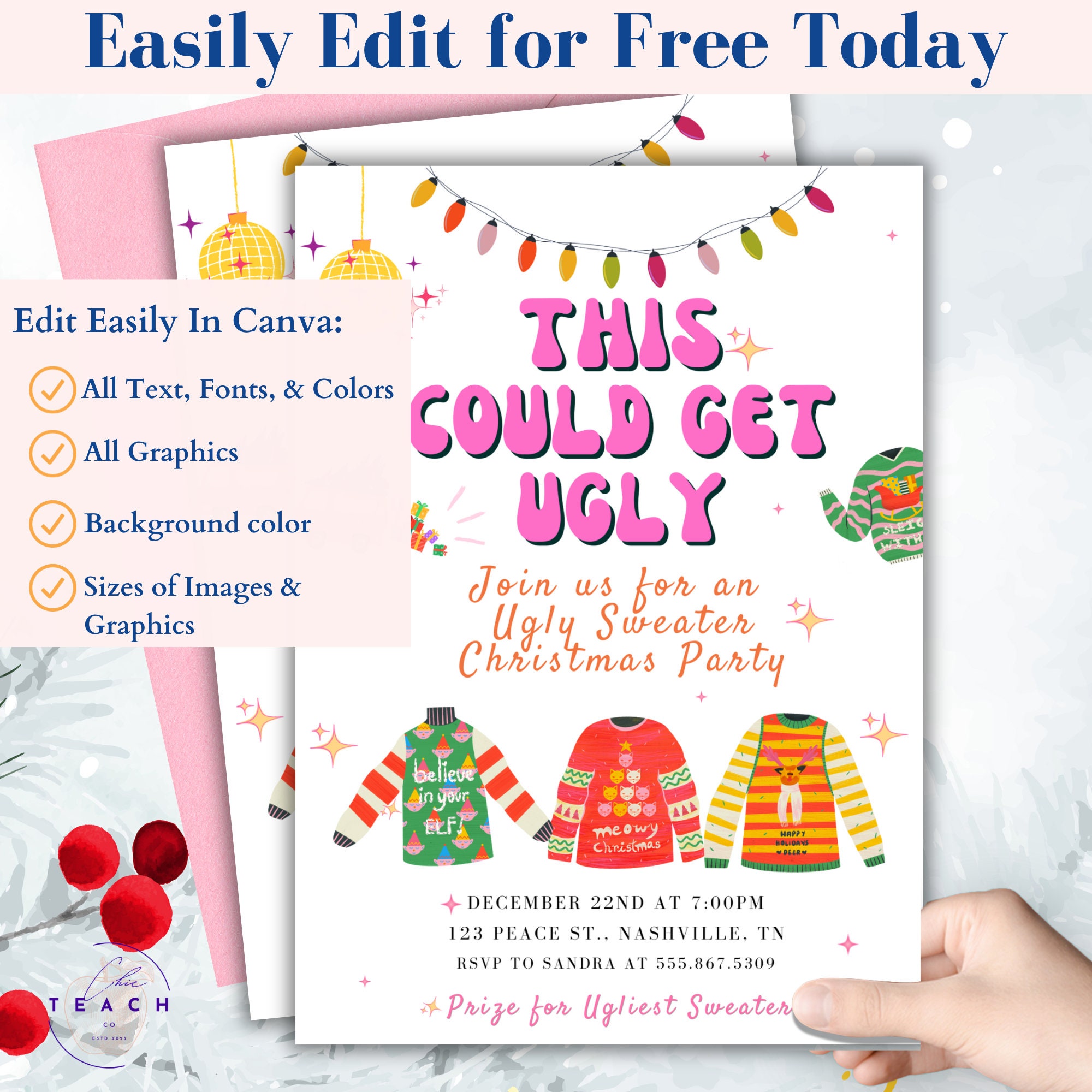 Ugly Sweater Christmas Party Invitation Editable Ugly Sweater Xmas ...