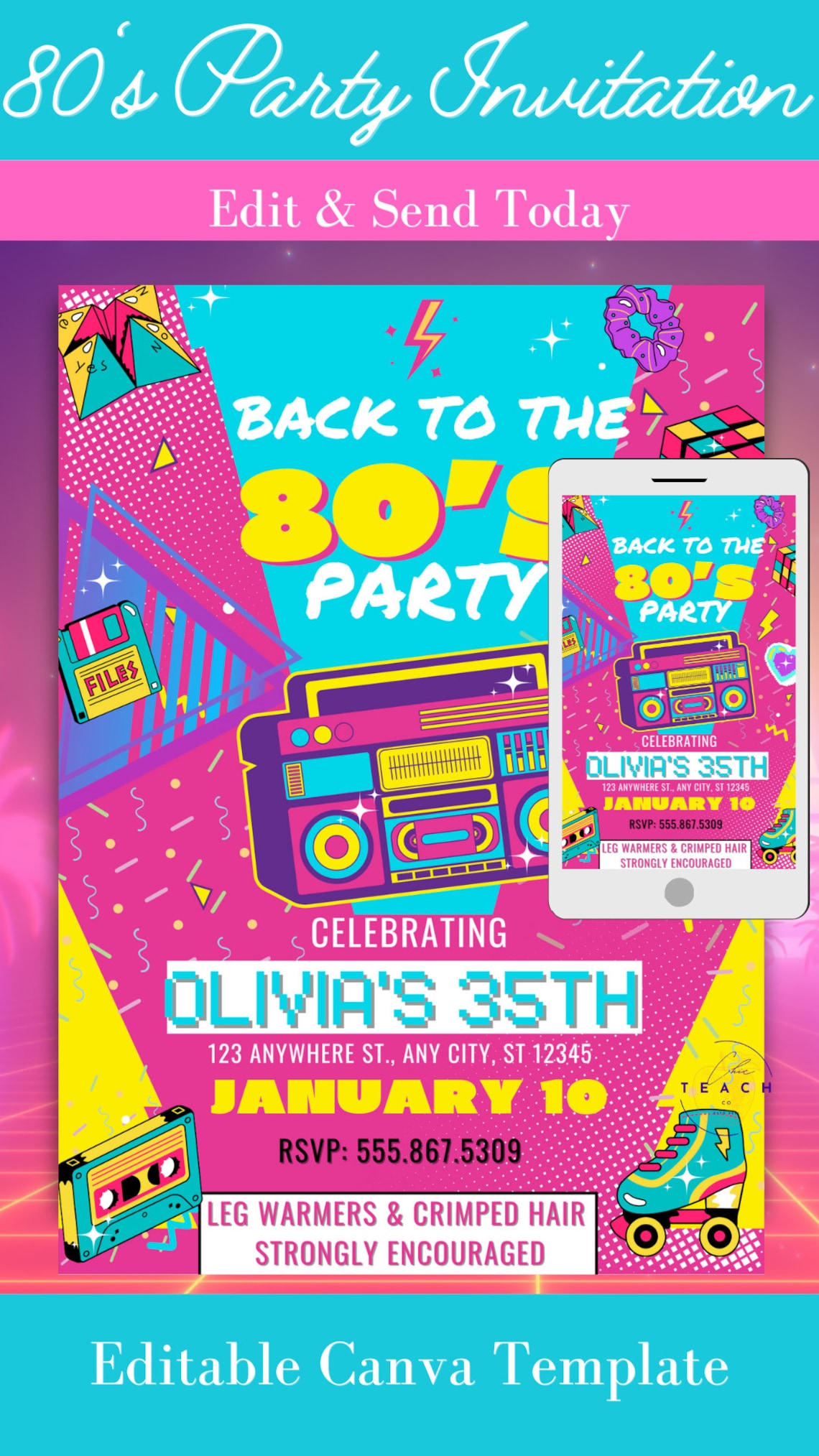 80s Party Invitation Decades Party Flyer 80s Theme Invite Editable Back ...