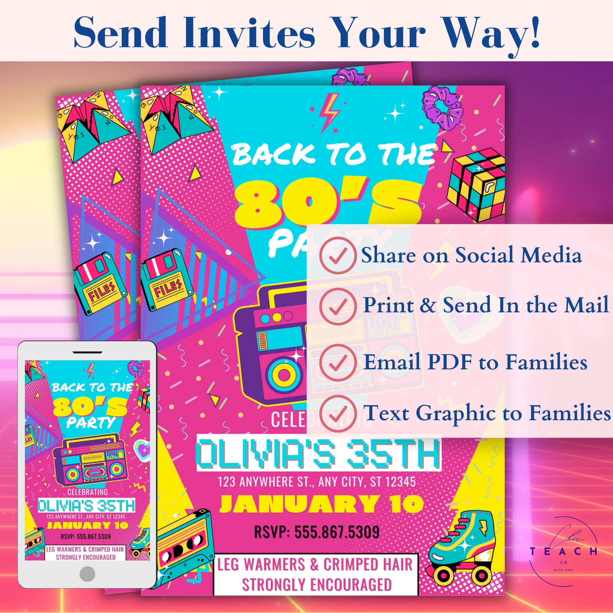 80s Party Invitation Decades Party Flyer 80s Theme Invite Editable Back ...