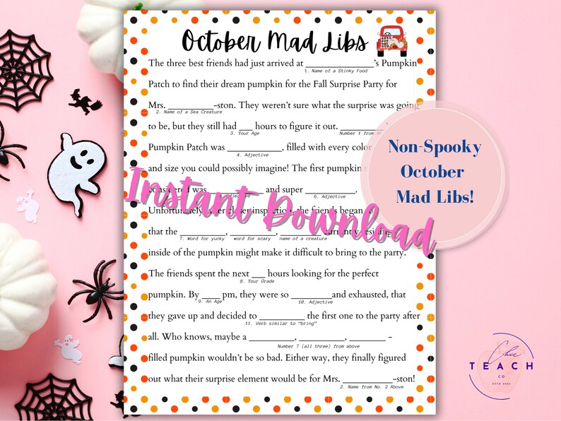 Halloween Mad Libs Non-spooky Game Printable for Elementary and Middle ...