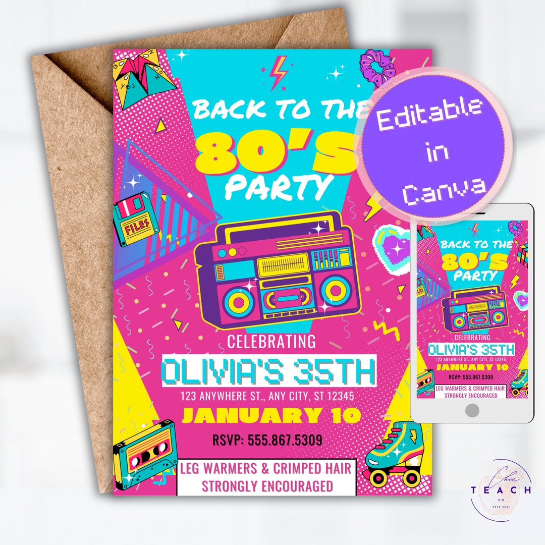 80s Themed Party Invite Retro Birthday Party Invitation Adult Teen Back ...