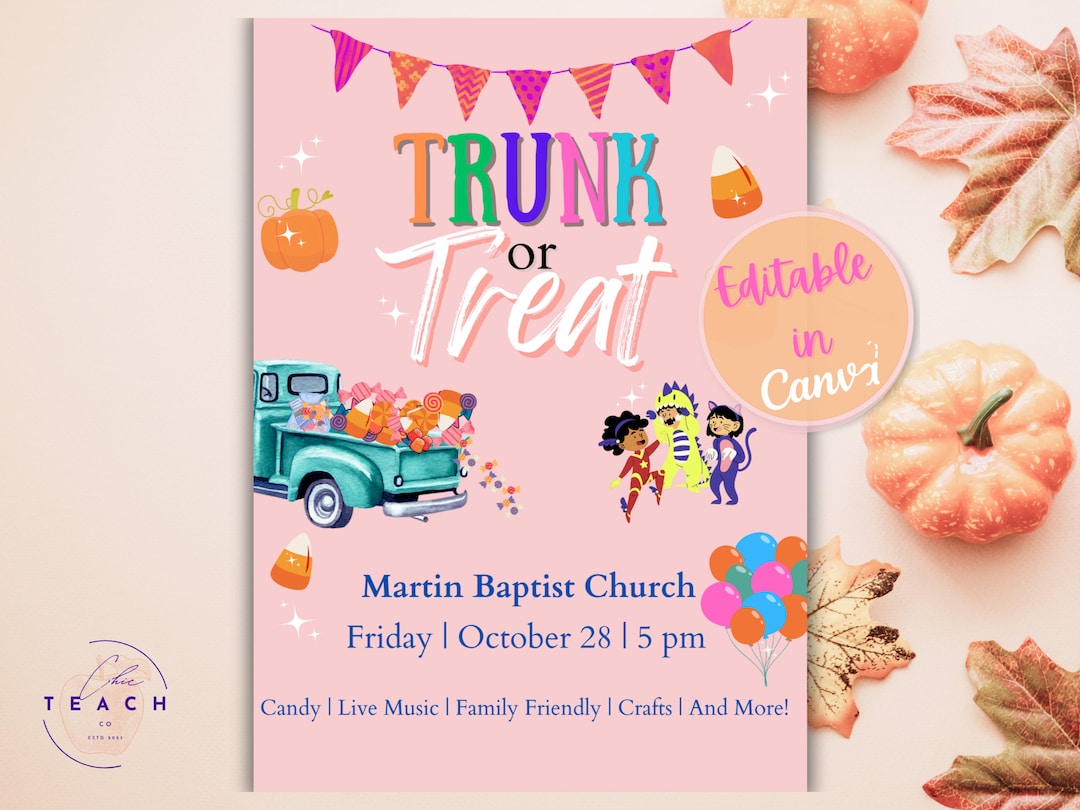 Trunk or Treat Flyer Invitation for Church or School Pink! Editable PTA ...