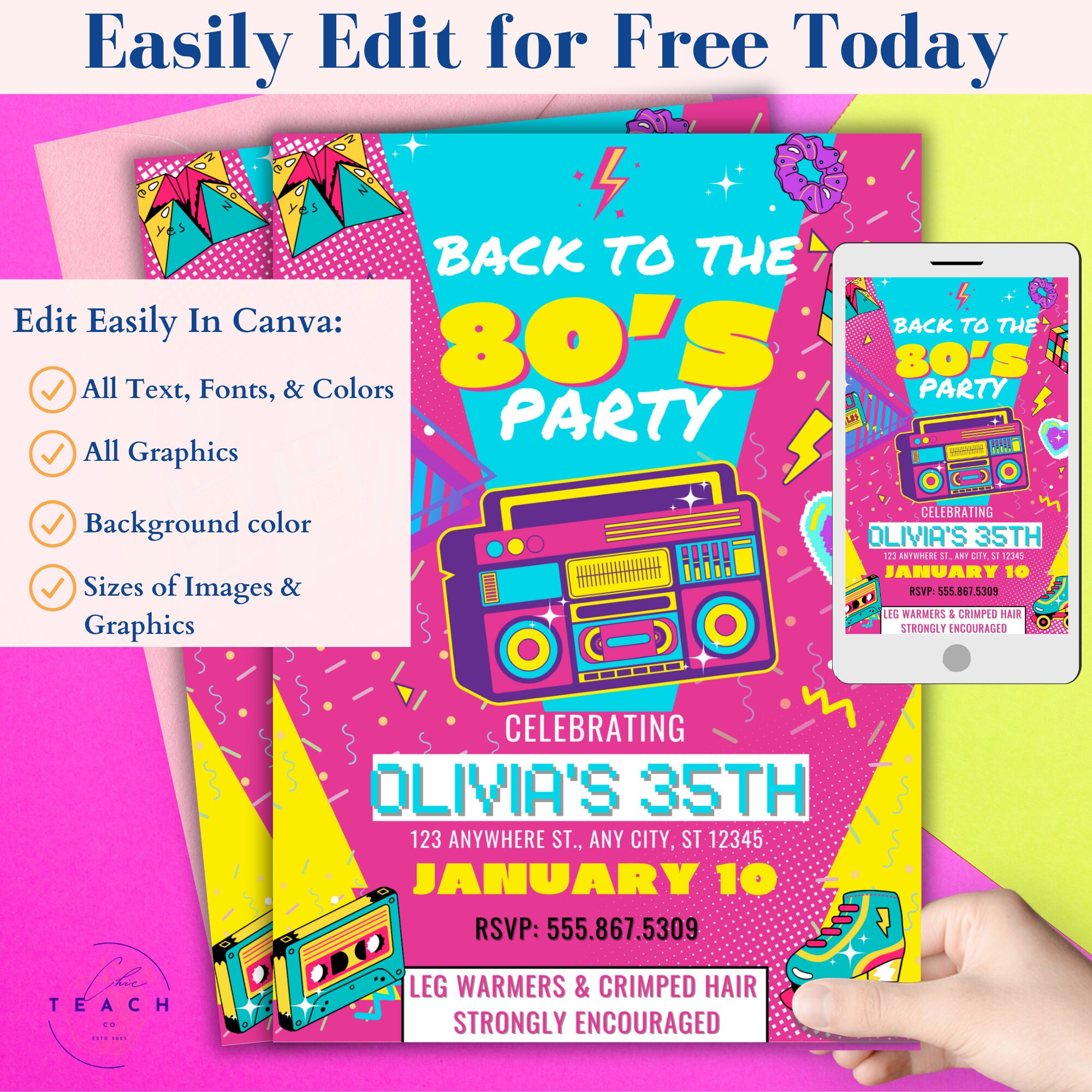 80s Party Invitation Decades Party Flyer 80s Theme Invite Editable Back ...