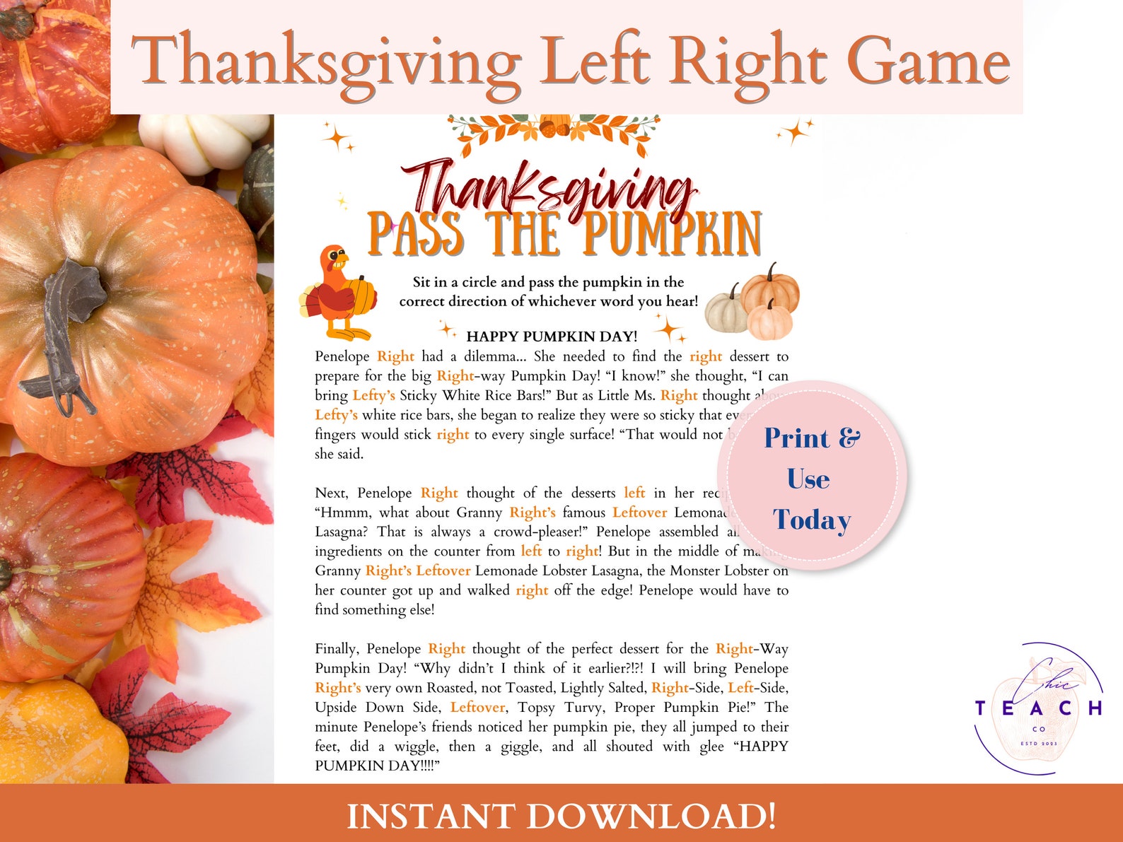 Left Right Game Thanksgiving Activity Pass the Pumpkin Game Printable ...