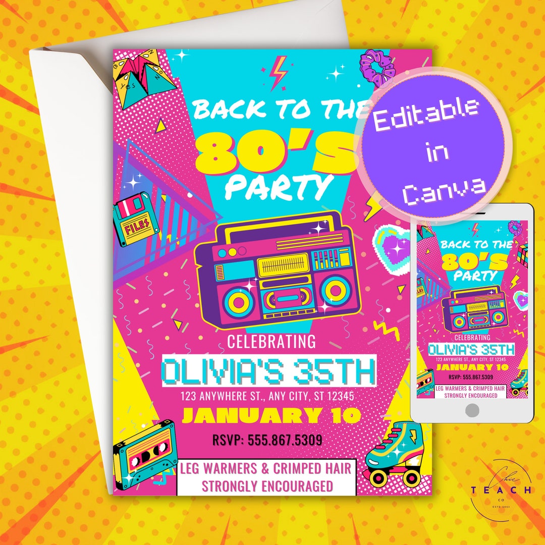 80s Party Invitation Decades Party Flyer 80s Theme Invite Editable Back ...