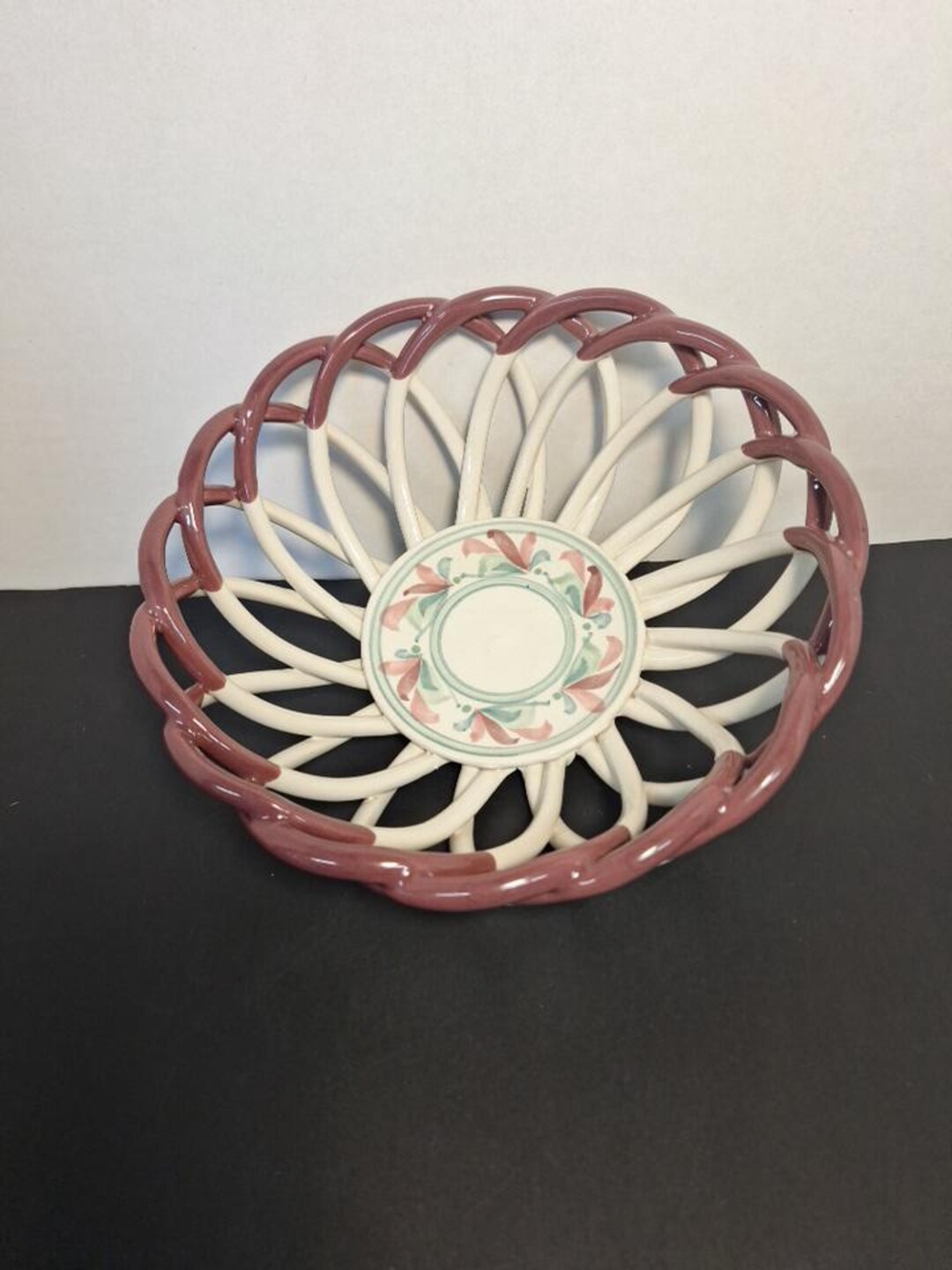 Unique Stoneware Open Weave Bread or Fruit Basket. Mauve and White. 9 ...