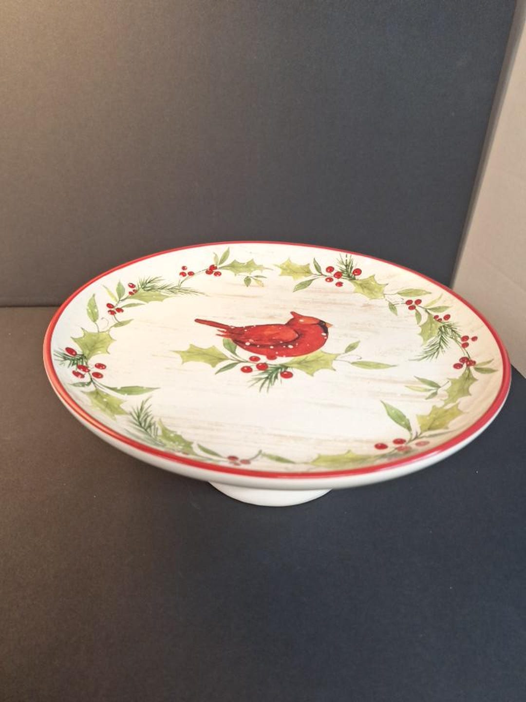 Cracker Barrel Vintage Earthenware Cake Stand. Christmas Cardinal ...