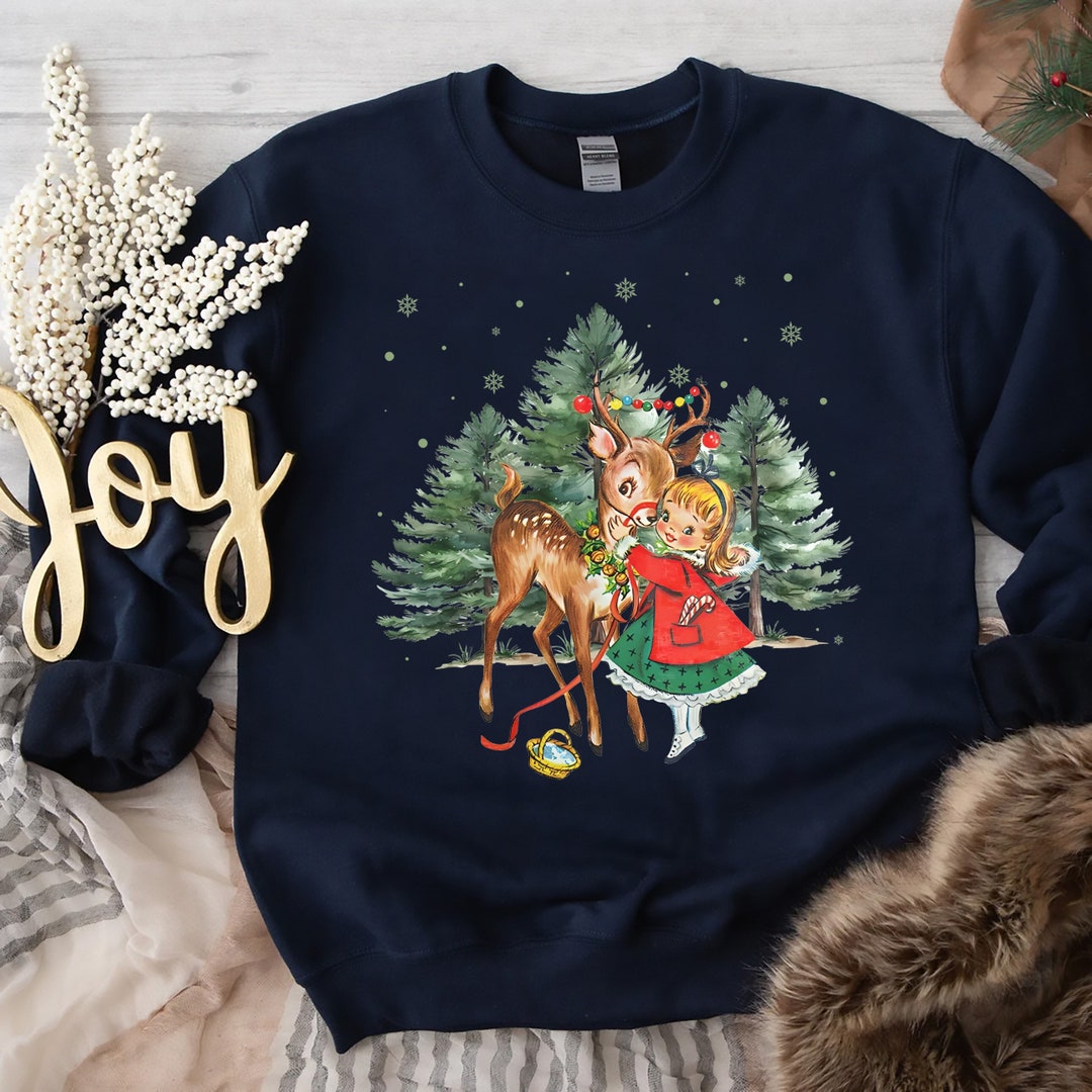 Vintage Christmas Girl and Reindeer Shirt, Retro Christmas Shirt, Retro ...