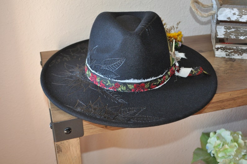 Customizable Wide Brim Fedora Hat: Personalize With Hand Burn, Textures, Flowers, Feathers ...