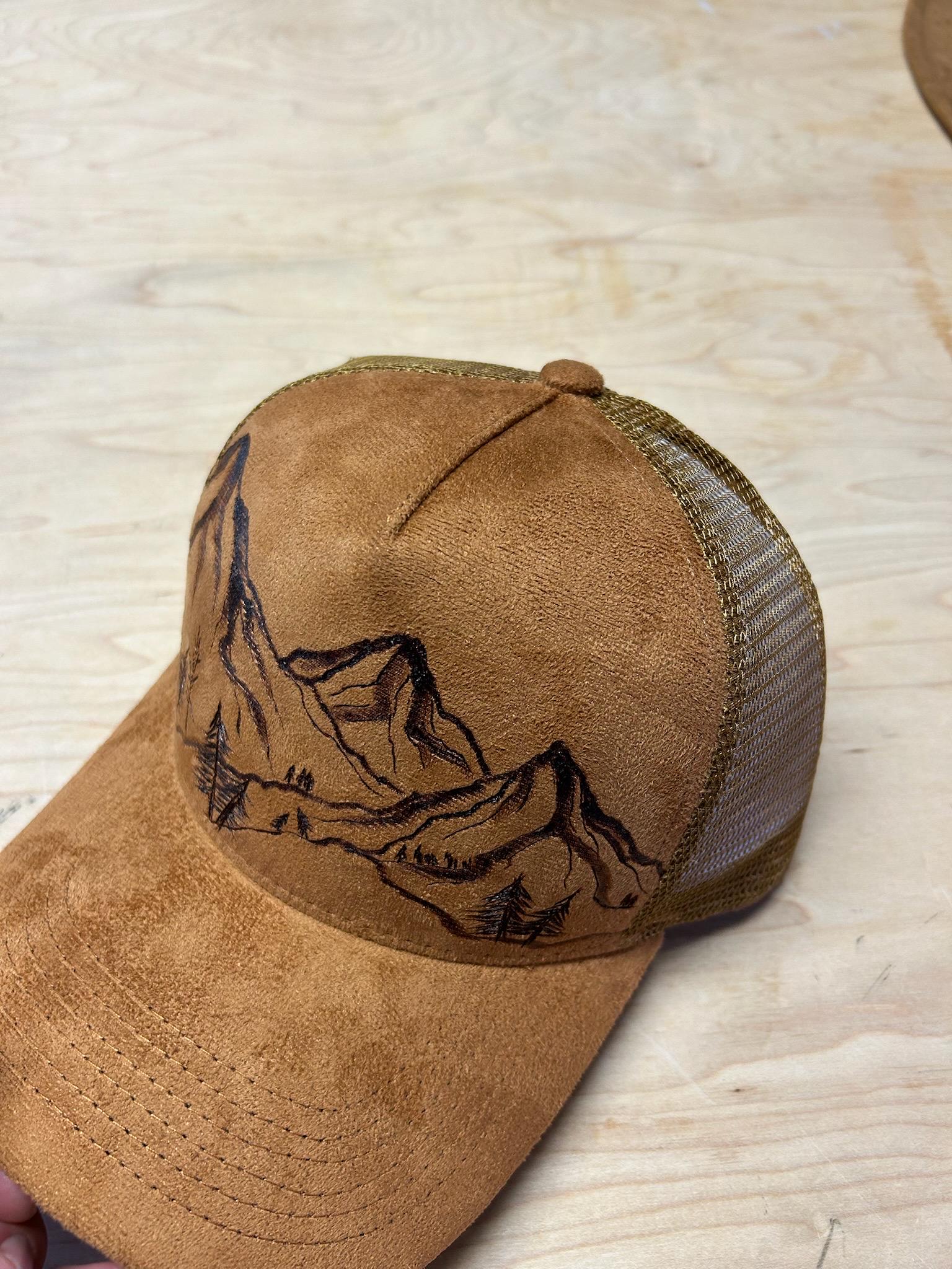 Hand-burned Suede Mountain Scene Ball Cap | Trucker Hat With Nature ...