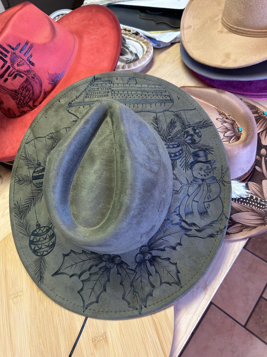 Army Green, Suede Wide Brim Fedora, Personalize With Burned Art or ...