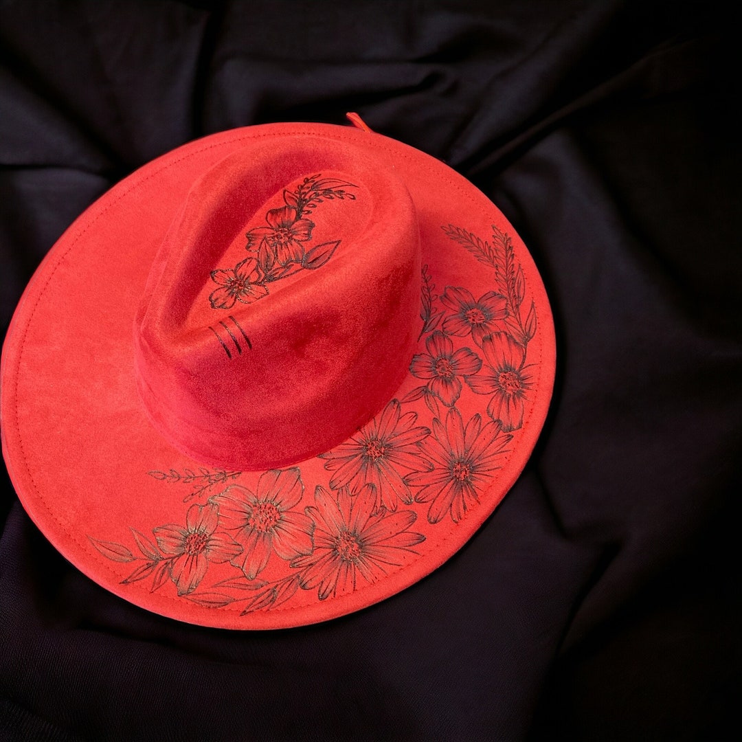 Hand-burned Wide Brim Red Fedora Hat | Wildflower Design | Distressed ...