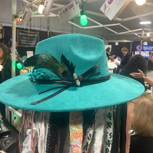 Teal Suede Fedora: Customizable With Hand Burn Design, Layered Hat Band ...