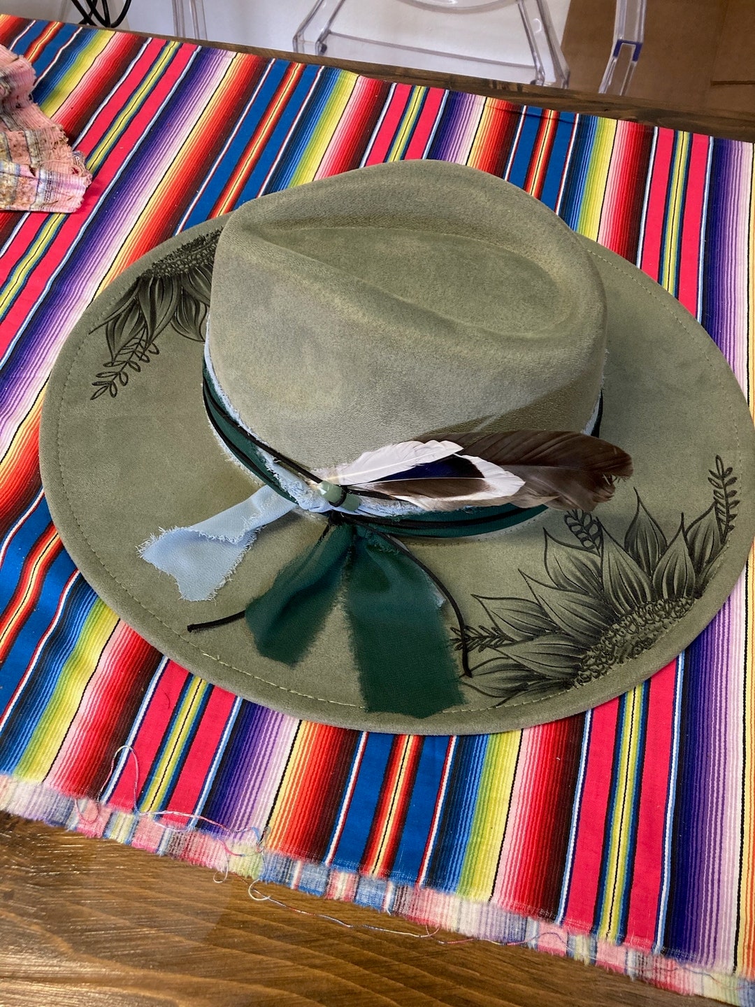 Army Green, Suede Wide Brim Fedora, Personalize With Burned Art or ...