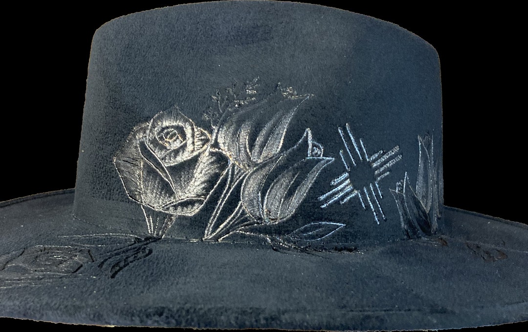 Burned Distressed Hat | Southwestern Floral Art | Black | Stiff Brim ...