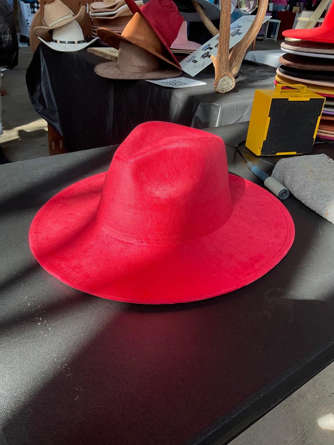 Wide Brim Suede Fedora Hat Unique Red-pink Color Adjustable Sizing Band ...