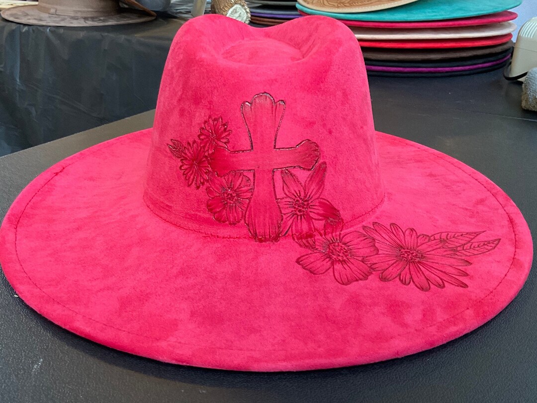 Stylish Suede Fedora Hat With Floral and Cross Burned Art: Customizable ...