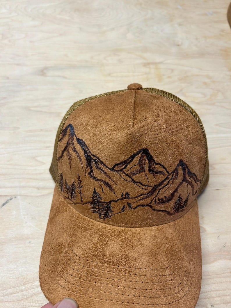 Hand-burned Suede Mountain Scene Ball Cap | Trucker Hat With Nature ...
