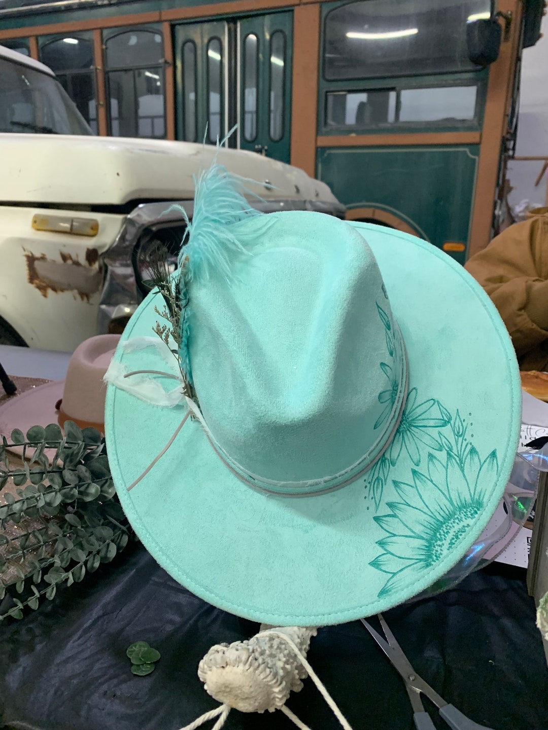 Mint Teal Stiff Wide Brim Fedora Rancher Style Hat With Burned Floral ...