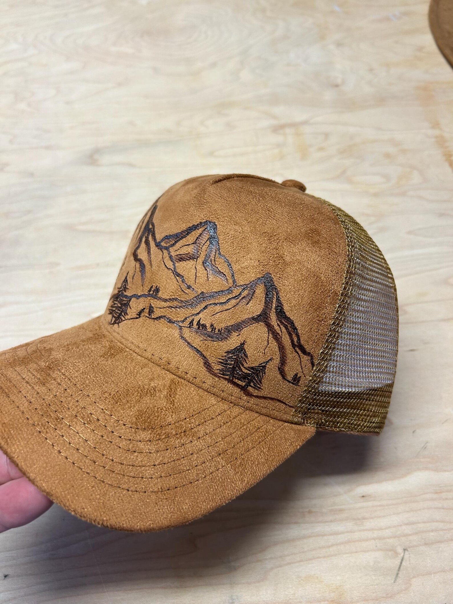 Hand-burned Suede Mountain Scene Ball Cap | Trucker Hat With Nature ...