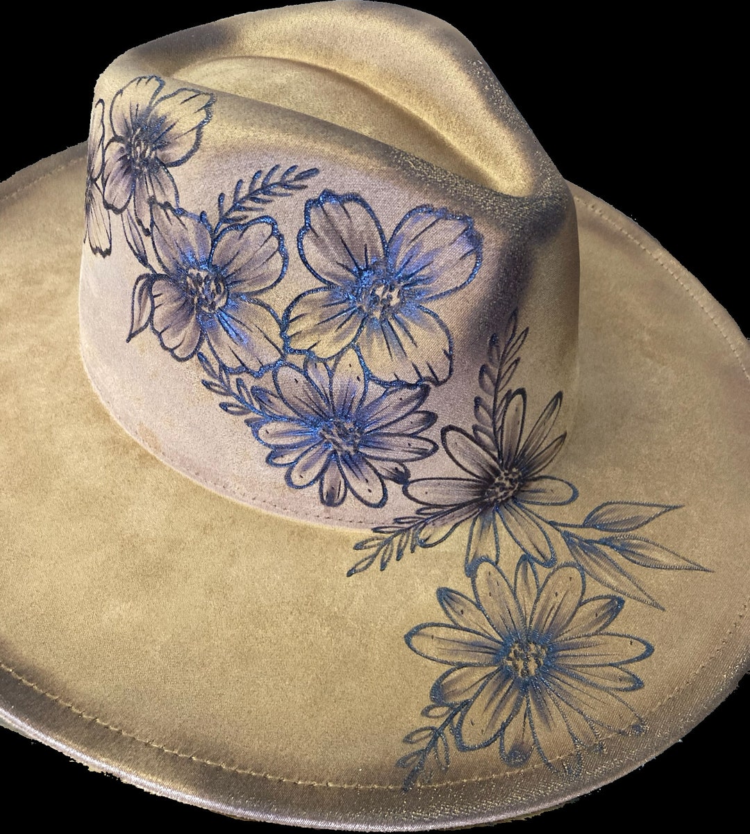 Wildflower Burned & Torch Distressed Wide Brim Fedora Hat - Etsy