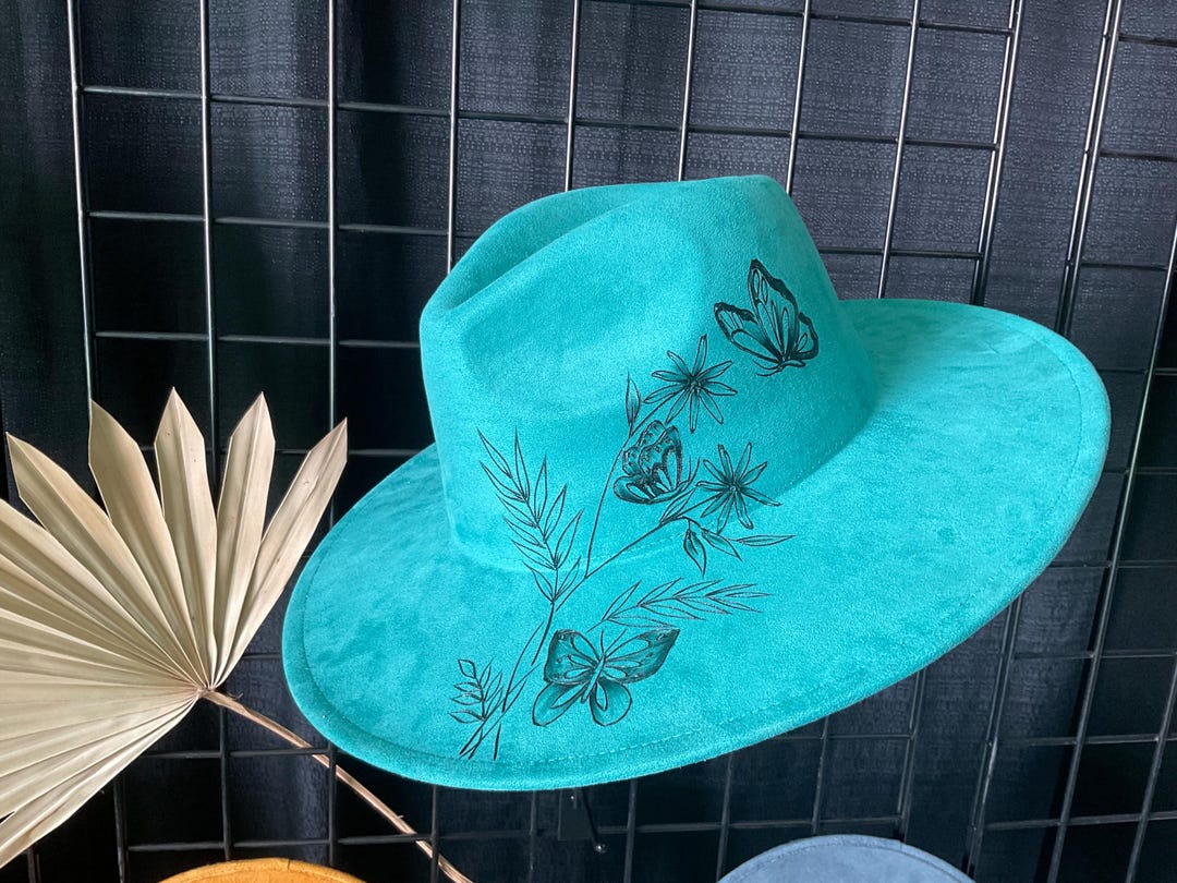 Teal Suede Fedora: Customizable With Hand Burn Design, Layered Hat Band ...