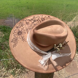 Wildflower Burned Hat & Custom Lace, Leather, Feather, Dried Wildflower ...