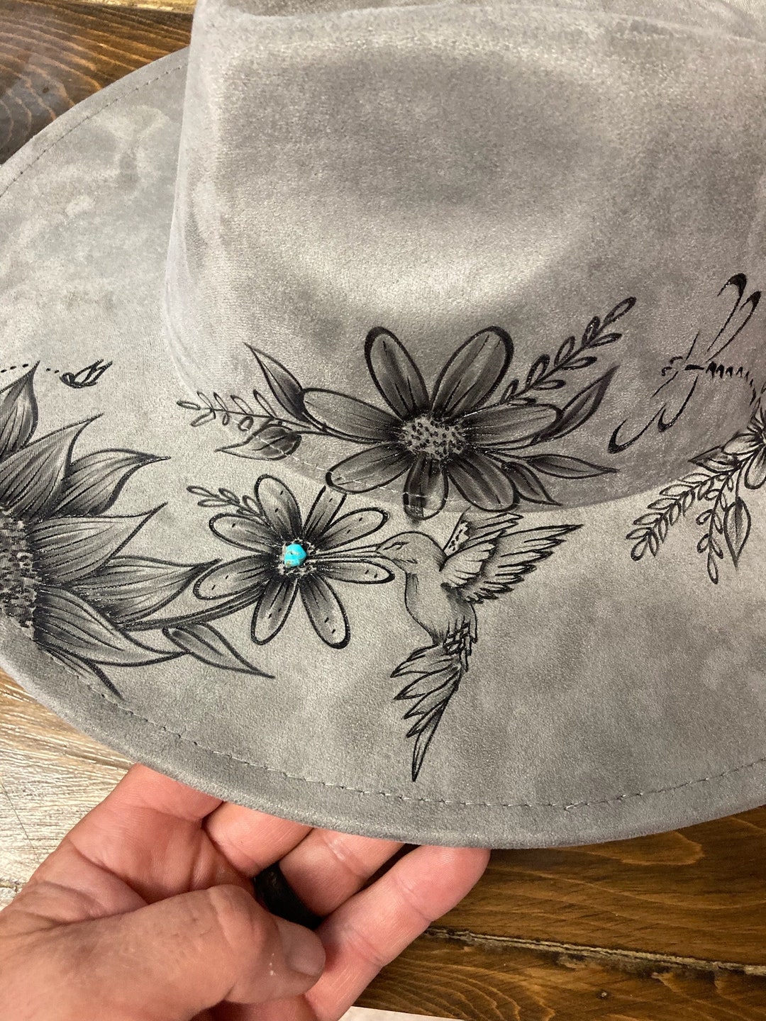 Grey Suede Wide Brim Fedora Hat, Ready for Personalized Hand Burn ...