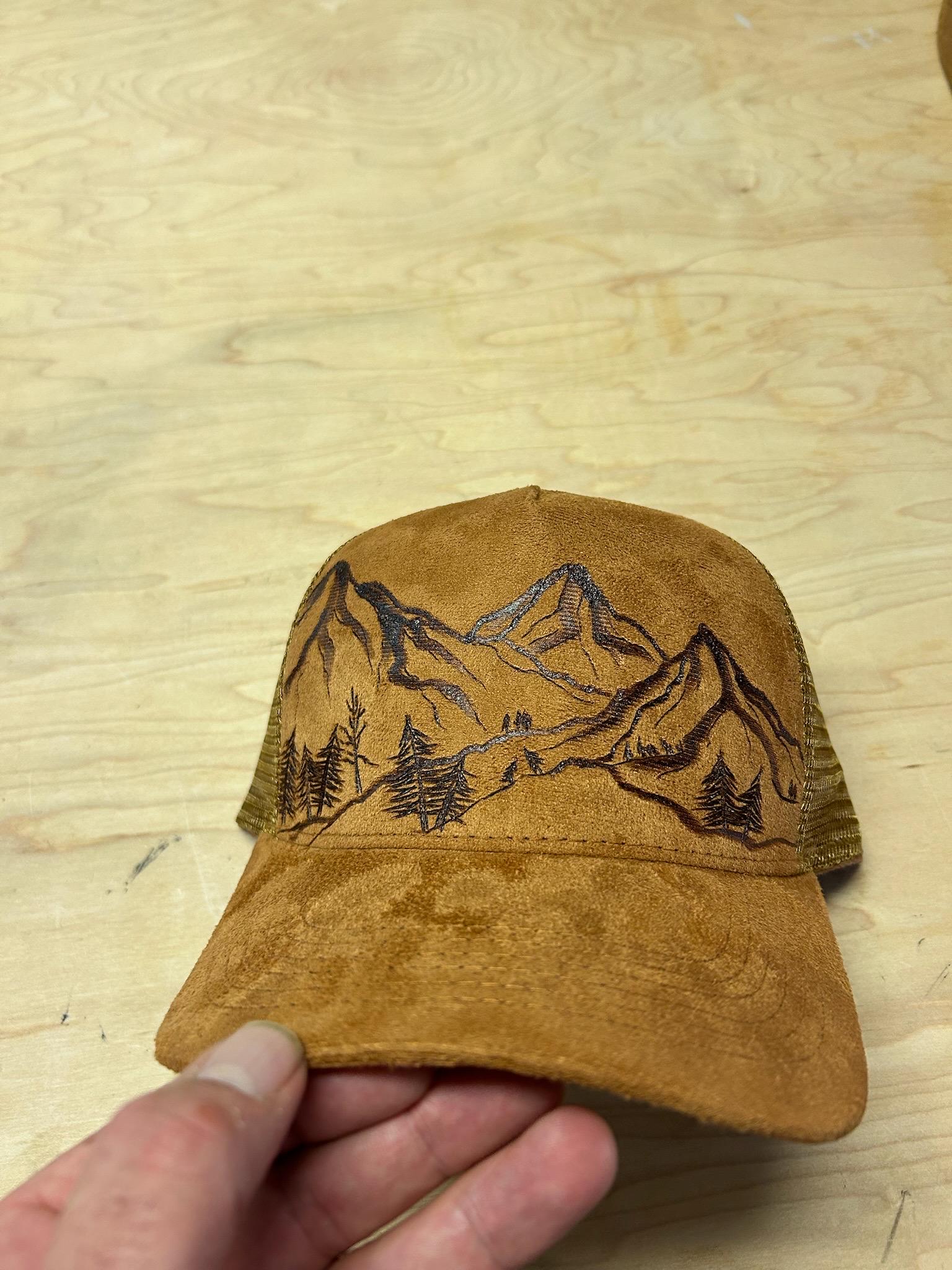 Hand-burned Suede Mountain Scene Ball Cap | Trucker Hat With Nature ...
