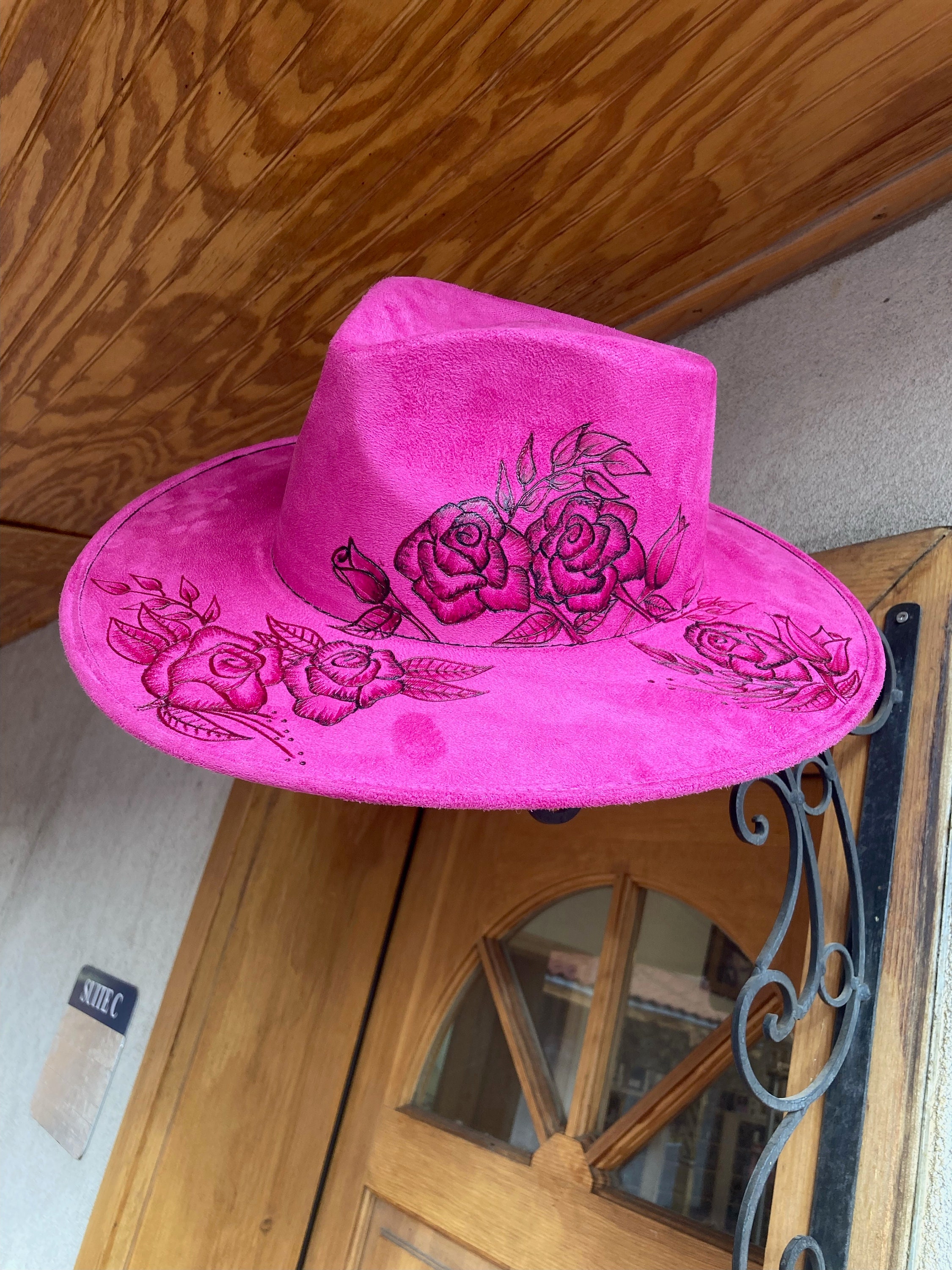 Pink Mexican Suede Stiff Flat Brim Fedora Hat, Ready for Hand Burned ...