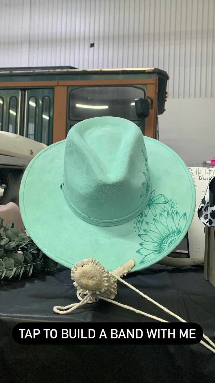 Mint Teal Stiff Wide Brim Fedora Rancher Style Hat With Burned Floral ...