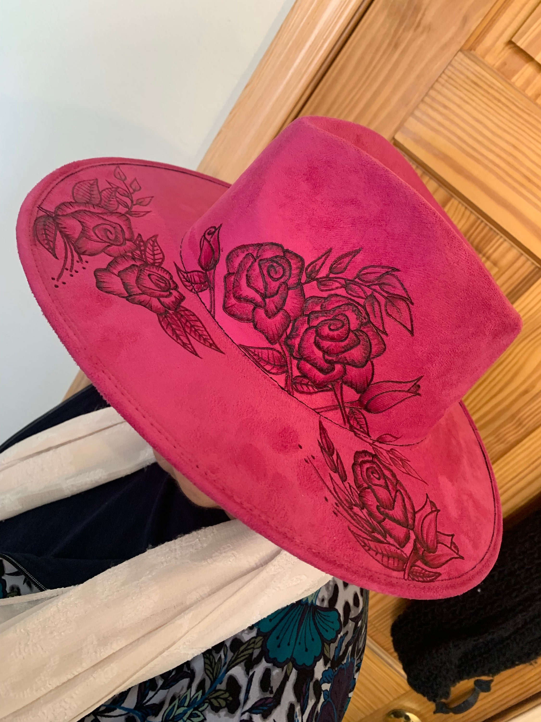 Pink Mexican Suede Stiff Flat Brim Fedora Hat, Ready for Hand Burned ...