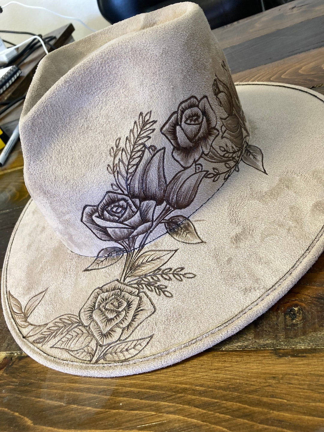 Heart Shaped Crown Wide Brim Fedora Hat With Freehand Rose Flower ...