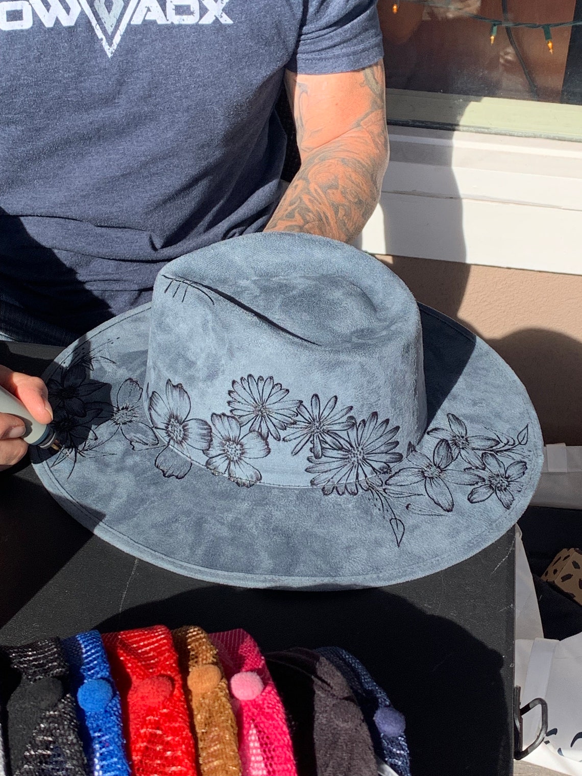 Blue Suede Hand Burned Floral Hat - Etsy