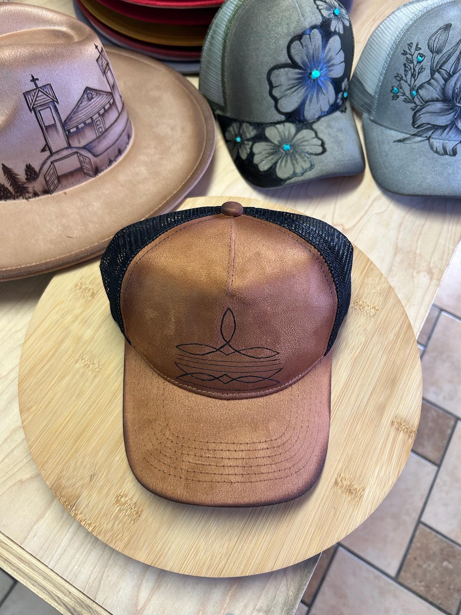 Hand Burned Trucker Hat – Geometric Boot Stitch Line Art Snapback Mesh ...
