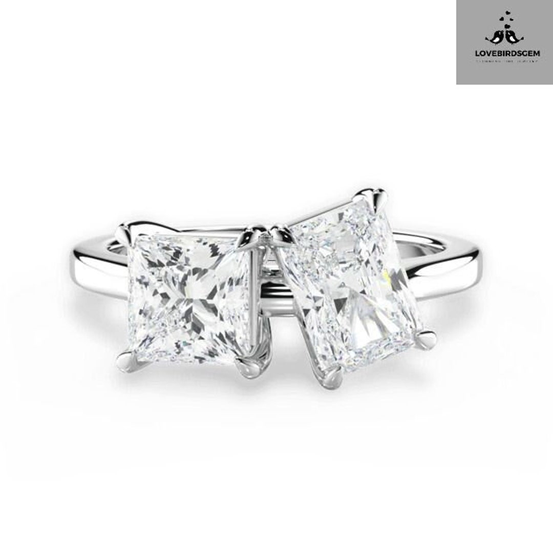 Double Stone Engagement Ring Princes Cut and Radiant Cut Lab Diamond ...