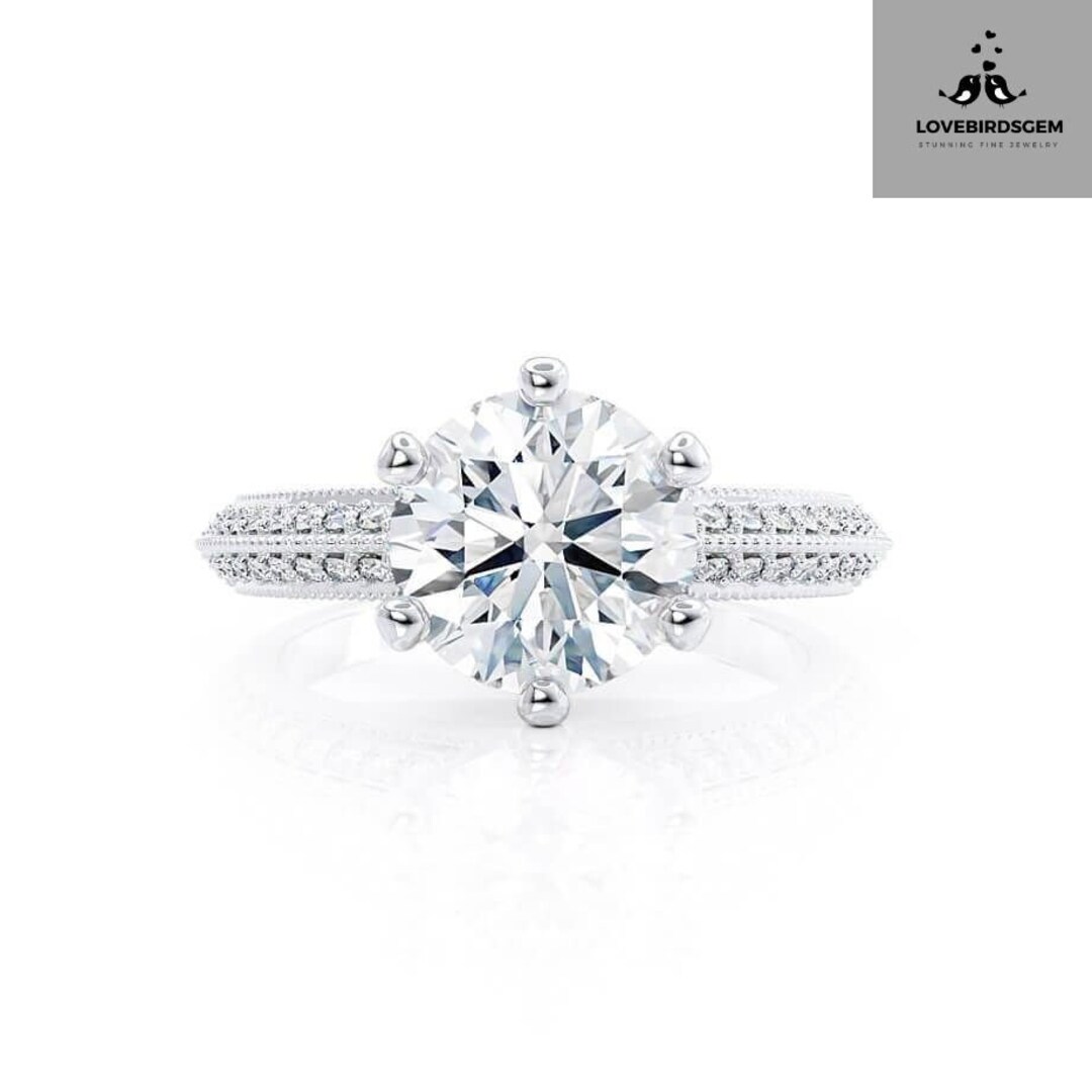 Stunning Double Row Pave Engagement Ring Ring, Solid 14k Yellow Gold ...